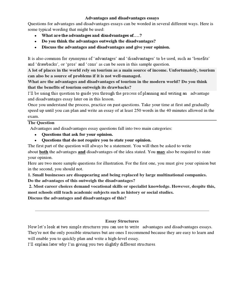 Advantages and Disadvantages Essays | PDF | Tourism | Essays