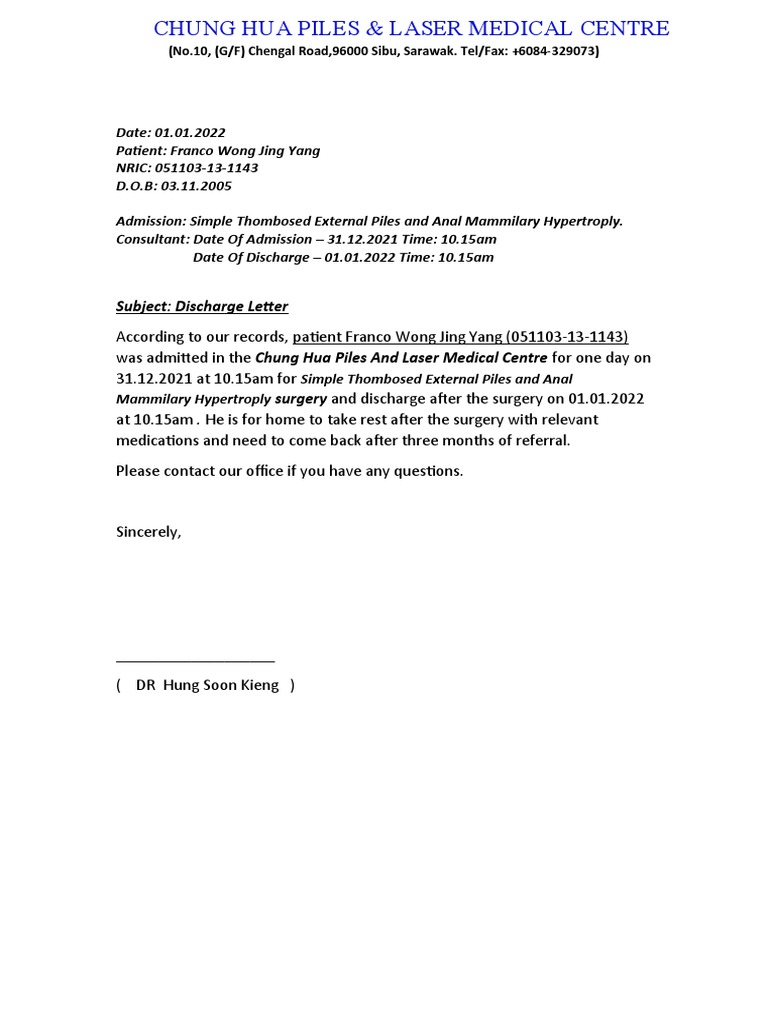 Patient Discharge Letter for Franco Wong | PDF