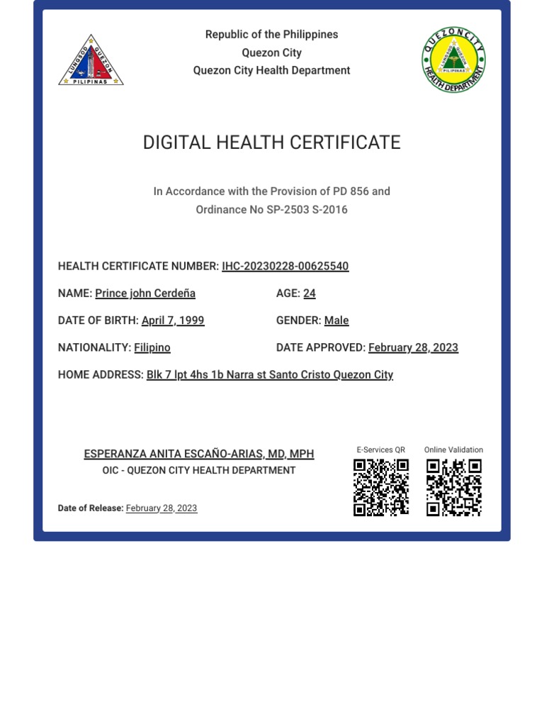 Health Cert. Prince | PDF