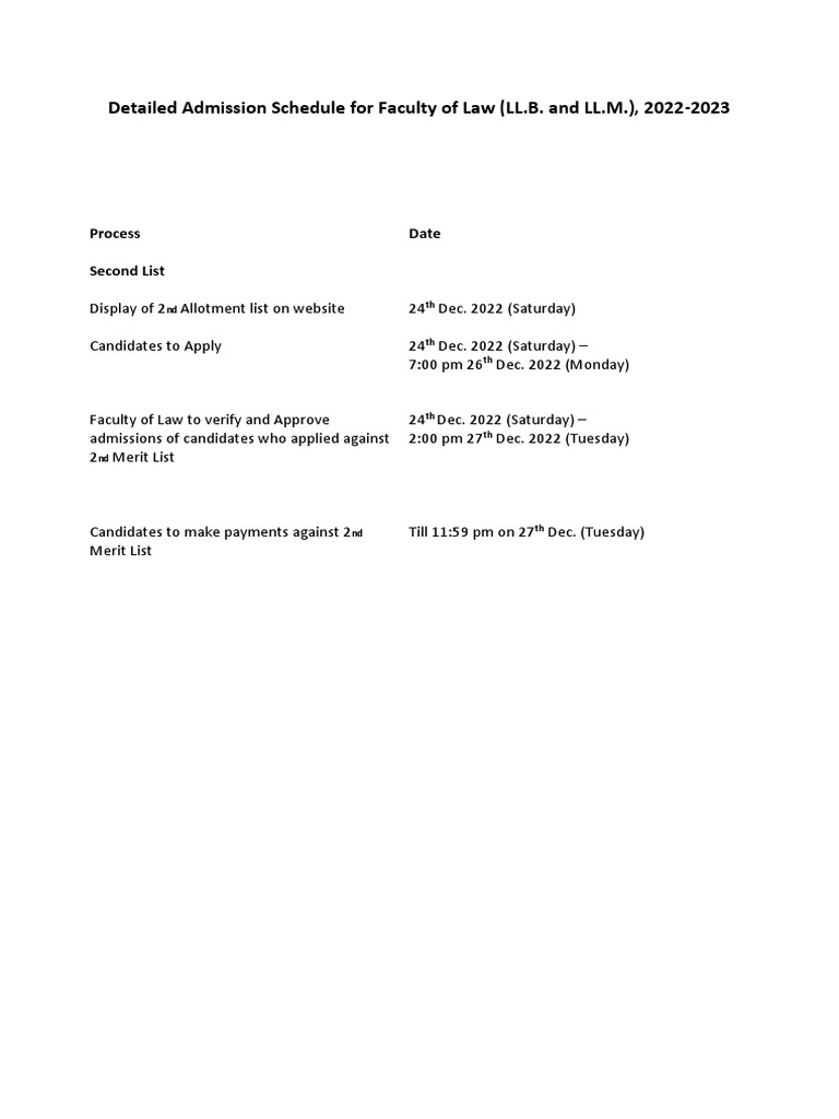 Second Merit List Admission Schedule LLB and LLM, 2022-2023 | PDF