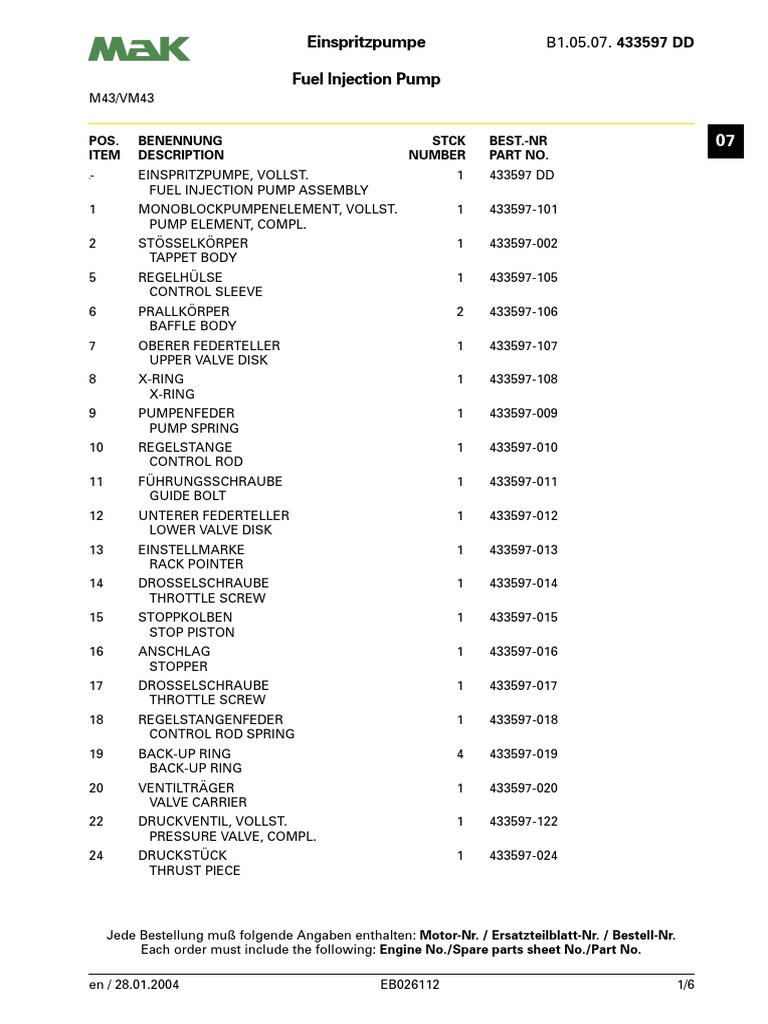 Fuel Injection Pump Parts List and Assembly for M43/VM43 Engines | PDF ...