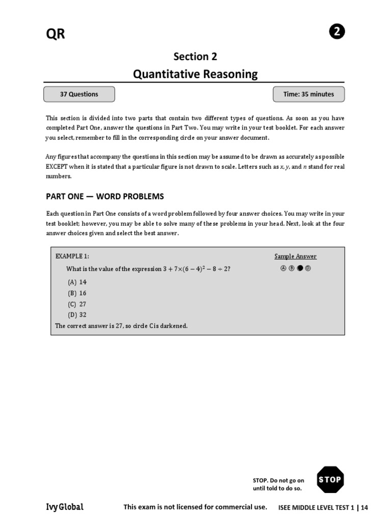 ISEE Middle Level Test 1 V 1.5 - QR 6-7 | PDF | Quantity | Mathematics