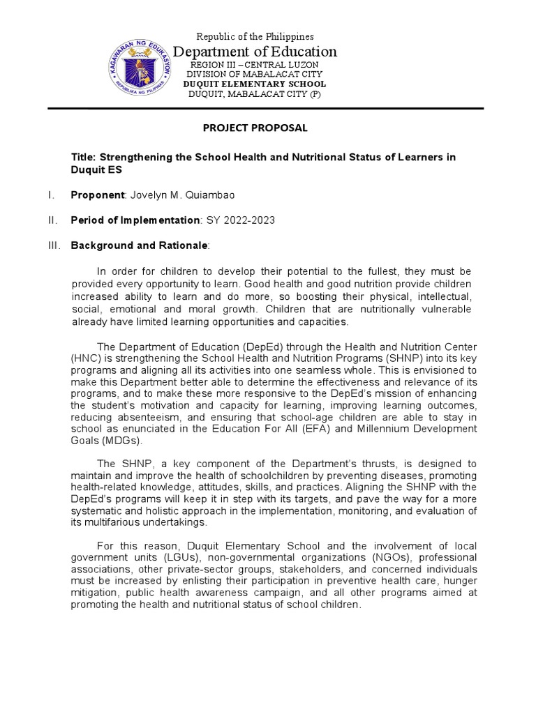 DuquitES Project-Proposal Health and Nutritional Status | PDF | Obesity