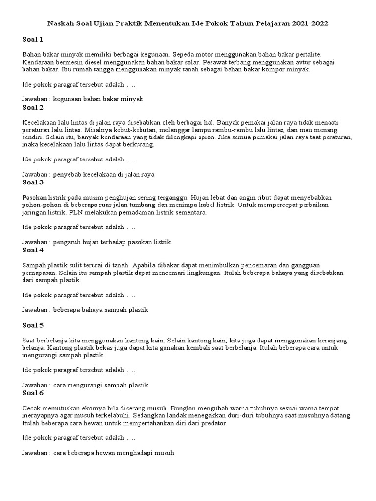 Naskah Soal Ujian Praktik Menentukan Ide Pokok Tahun Pelajaran 2021 | PDF | Sains & Matematika ...
