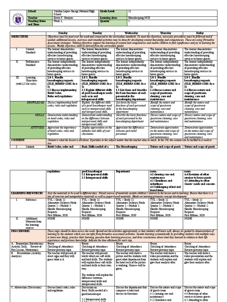 Grade 11 Housekeeping NCII Lesson Plan | PDF | Learning | Teachers