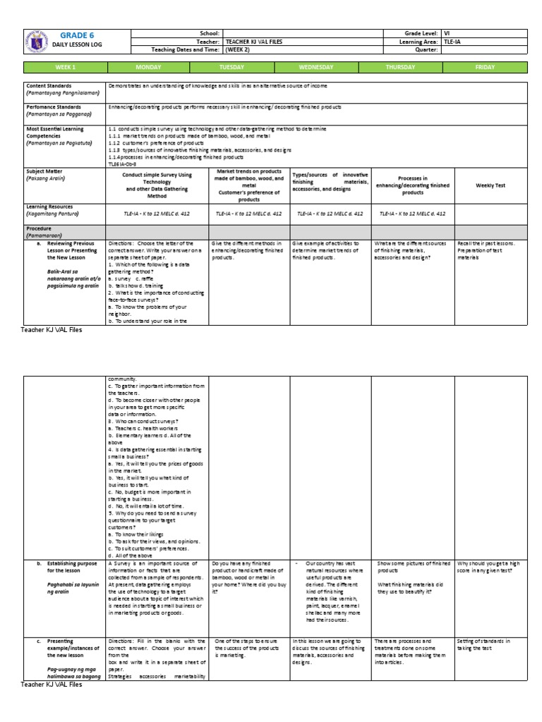 DLL TLE-IA6 WEEK 2 - Q2 by Teacher KJ VAL | PDF | Survey Methodology ...