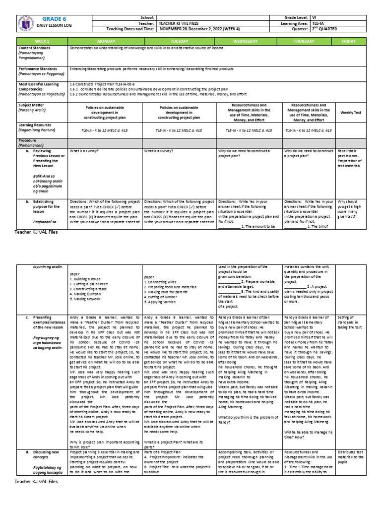 DLL TLE-IA6 WEEK 4 - Q2 by Teacher KJ VAL | PDF | Time Management ...