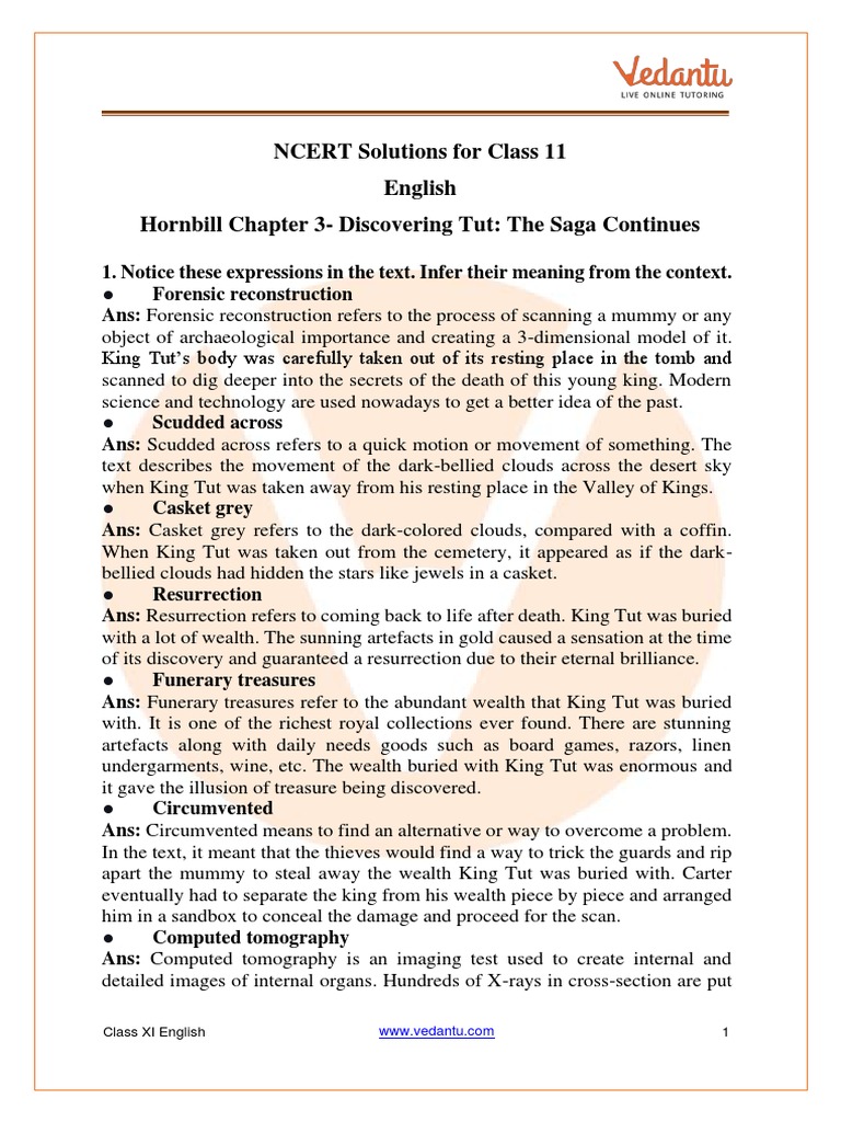 NCERT Solutions of Discovering Tut - The Saga Class 11 CBSE English Hornbill Chapter 3 | PDF ...