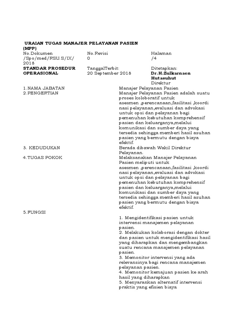 Uraian Tugas Manajer Pelayanan Pasien | PDF
