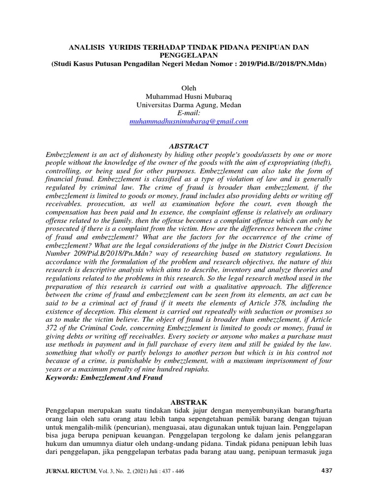 Analisis Yuridis Terhadap Tindak Pidana Penipuan Dan Penggelapan (Studi Kasus Putusan Pengadilan ...