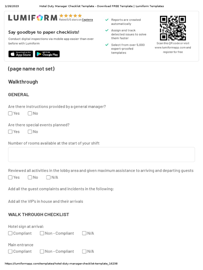 Hotel Duty Manager Checklist Template | PDF