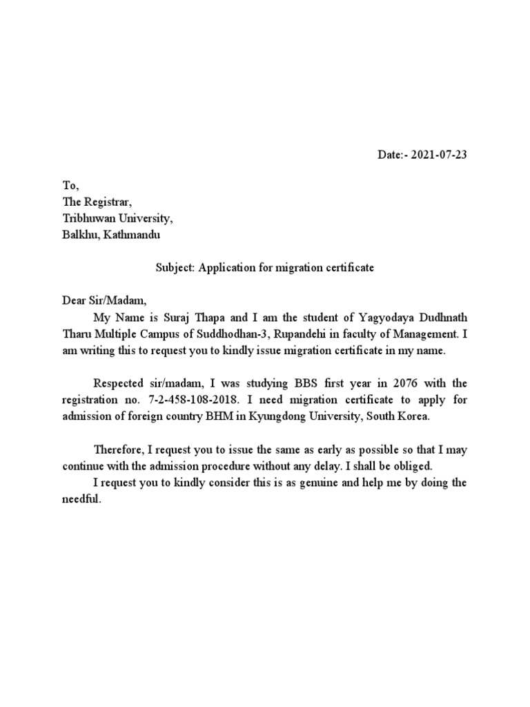 Application For Migration Certificate | PDF Application For Migration Certificate | PDF