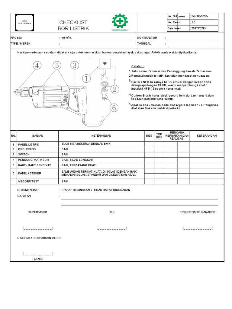 Form Checklist Inspeksi Bor Listrik | PDF