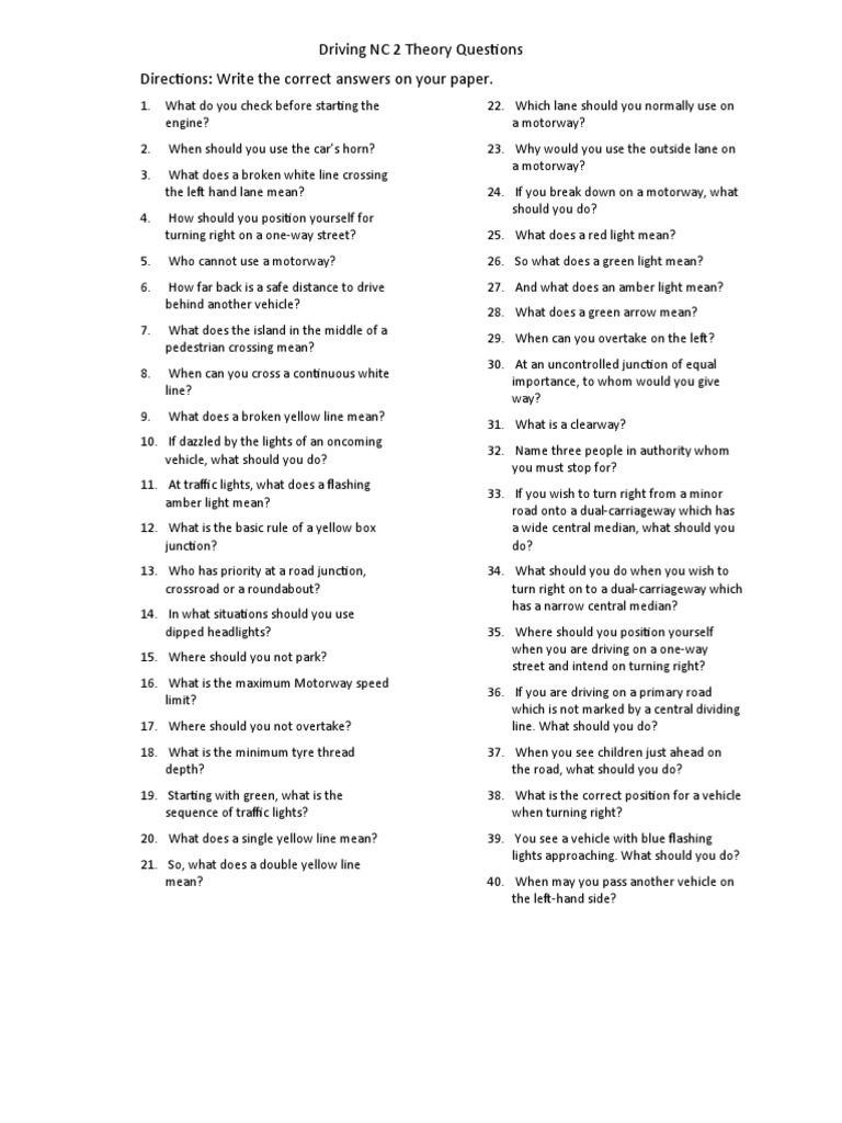 Driving NC 2 Theory Questions | PDF | Traffic Light | Traffic