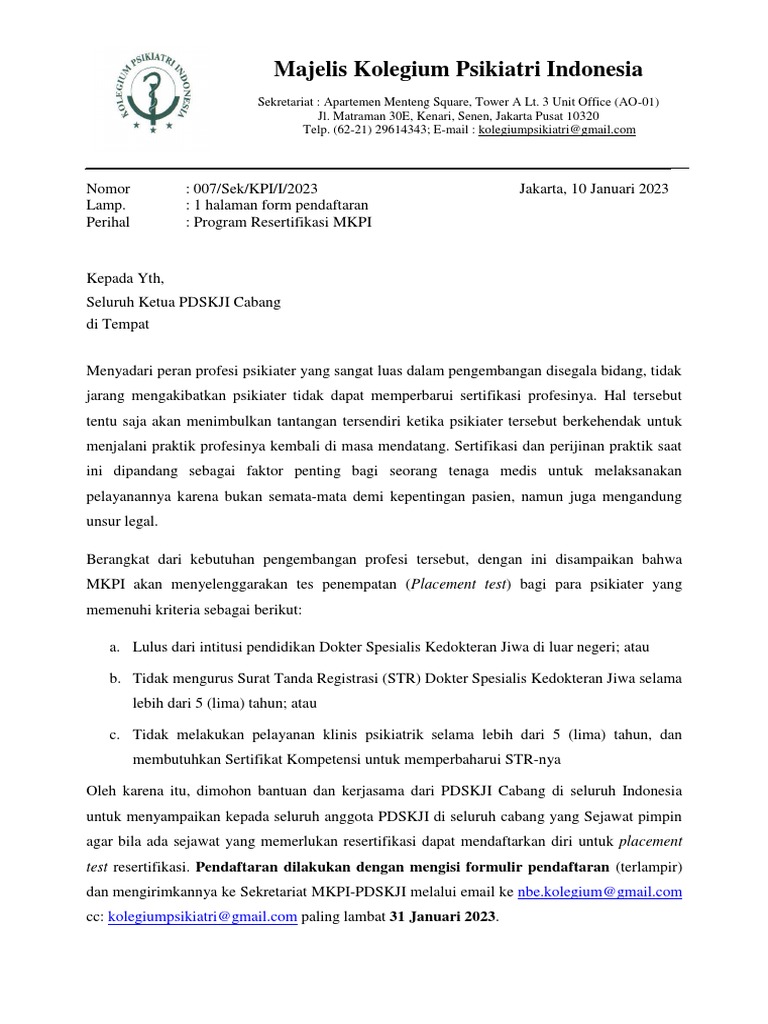 Surat No.007 (2023) - Program Resertifikasi MKPI 2023 | PDF