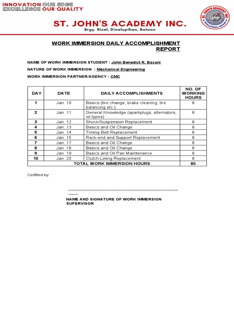 Work Immersion Report: Mechanical Engineering | PDF