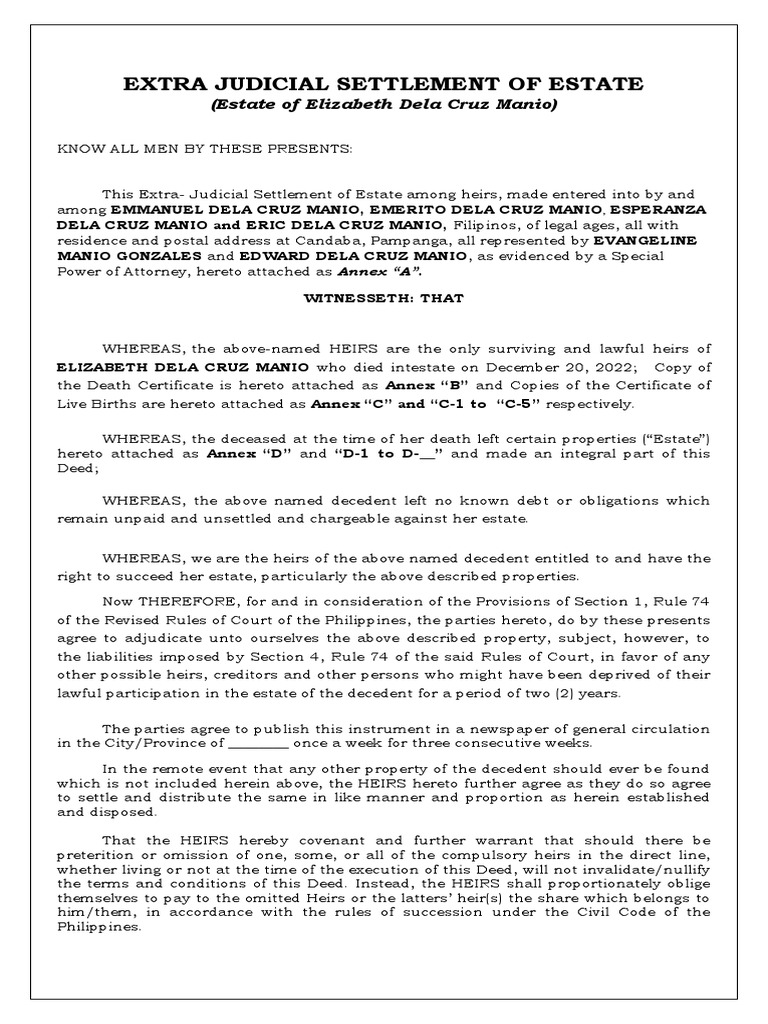Extra Judicial Settlement of Estate | PDF | Inheritance | Deed