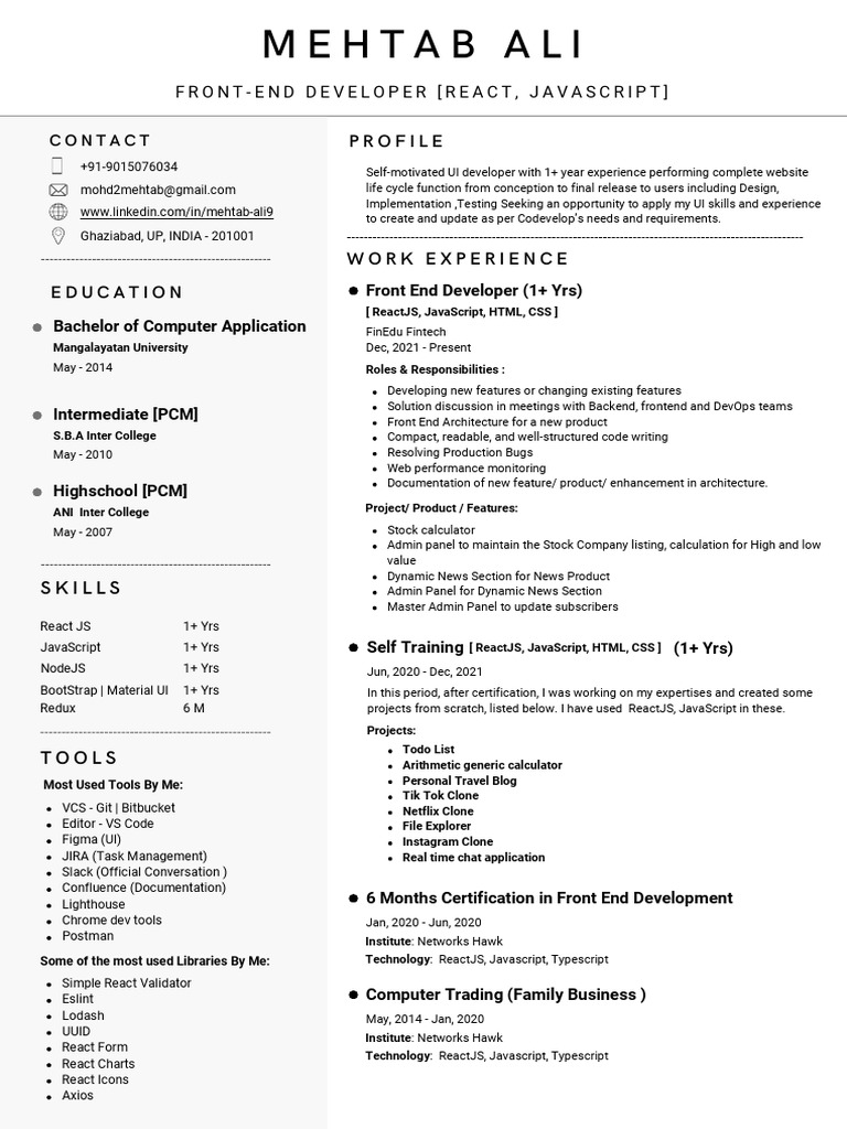 Resume - Front End Developer (ReactJS) | PDF | Java Script | Technology ...