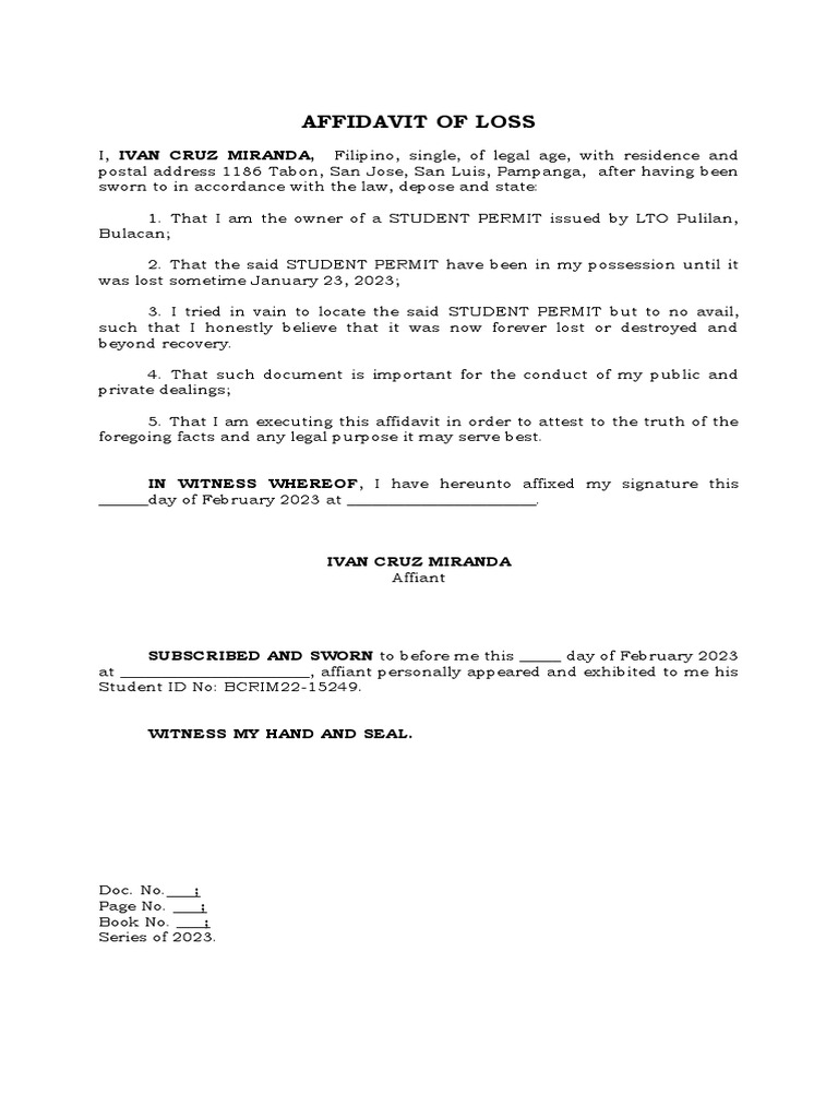 Affidavit of Loss | PDF