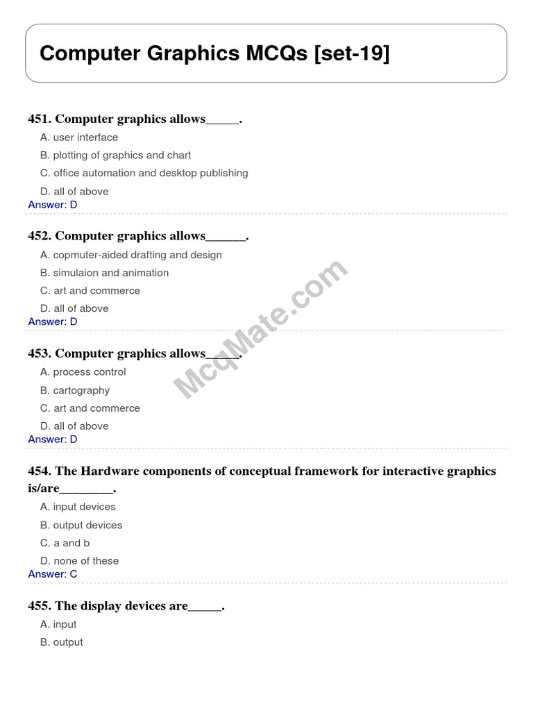 Computer Graphics Solved MCQs (Set-19) | PDF | Graphic Design | Computing