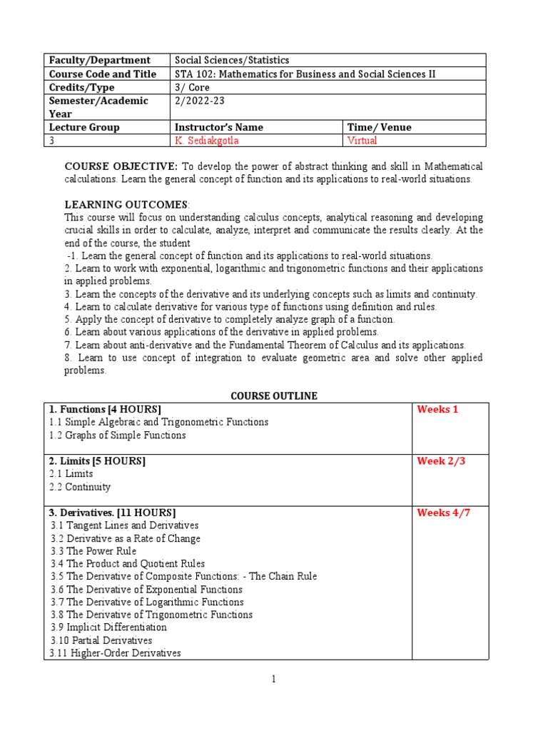 STA 102-Course Outline 2023 | PDF | Function (Mathematics) | Derivative