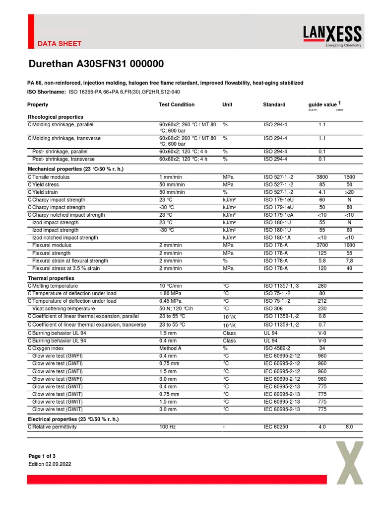 LANXESS Durethan A30SFN31 000000 ISO EN | PDF | Strength Of Materials ...