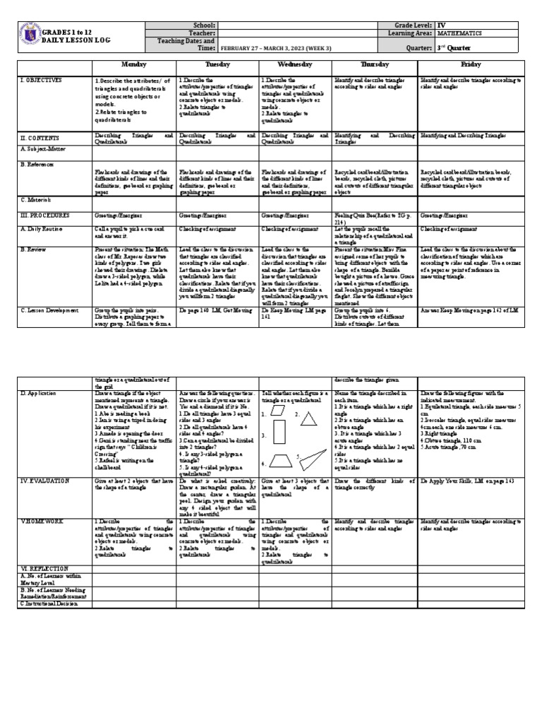 Grade 4 DLL MATH 4 Q3 Week 3 | PDF | Triangle | Shape