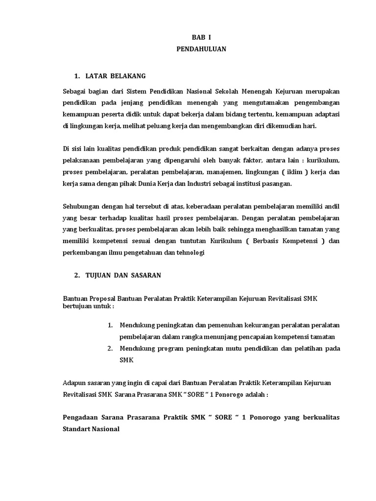 Proposal Bantuan Peralatan Praktik Keterampilan Kejuruan Revitalisasi SMK | PDF