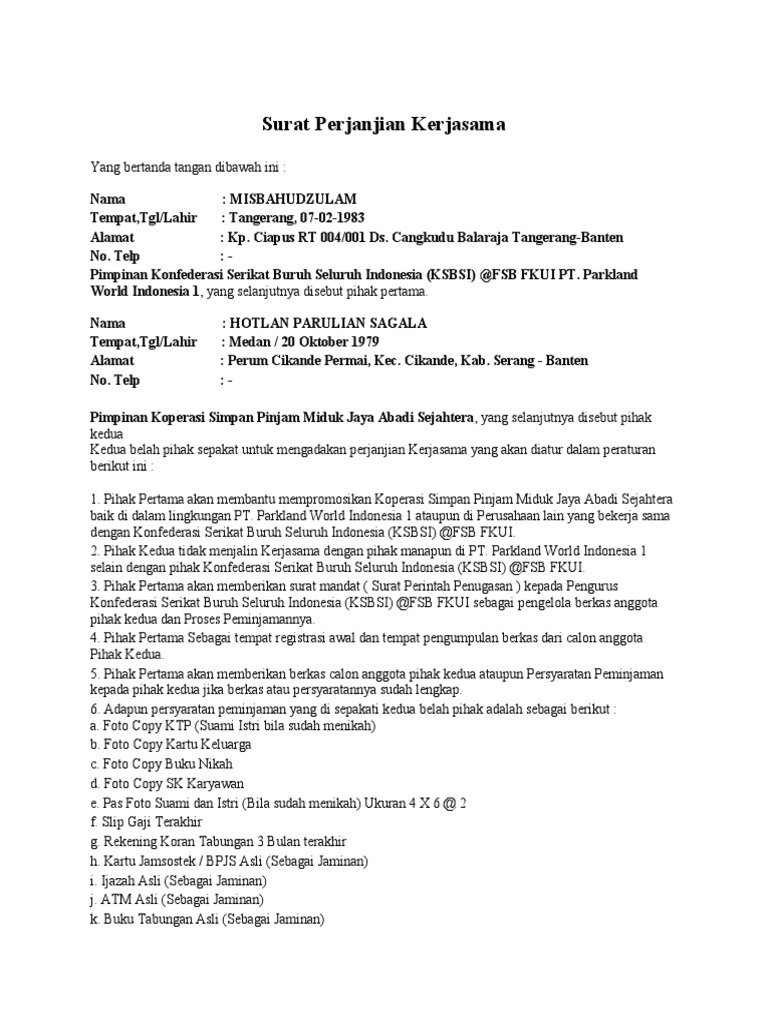 Surat Perjanjian Kerjasama Pdf