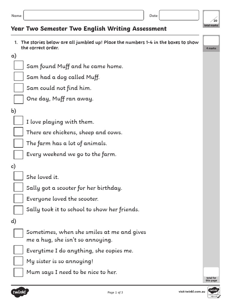 Year Two English Writing Assessment | PDF | English Language | Language ...