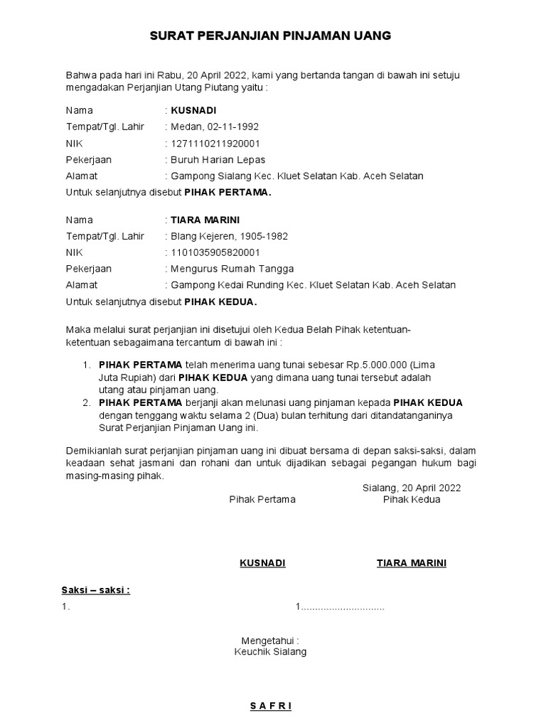 Contoh Surat Perjanjian Pinjaman Uang | PDF