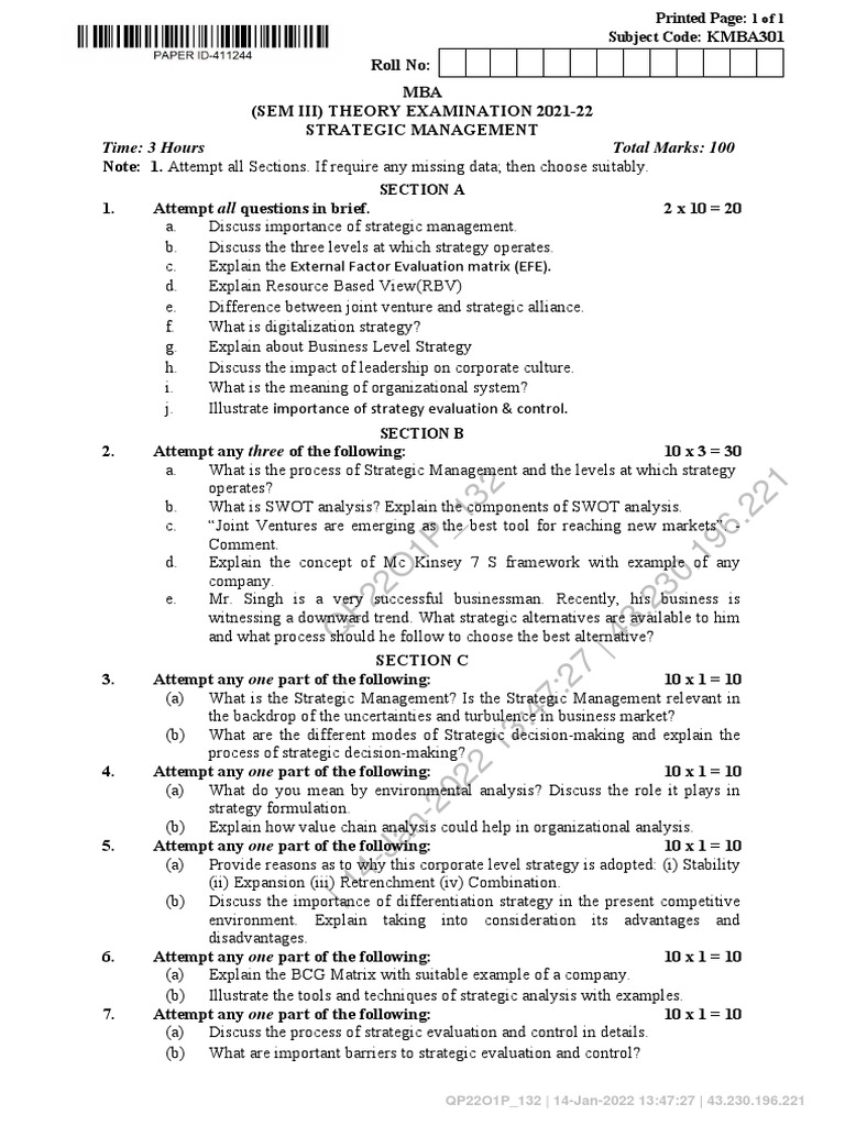 Mba 3 Sem Strategic Management Kmba301 2022 | PDF | Strategic Management | Swot Analysis