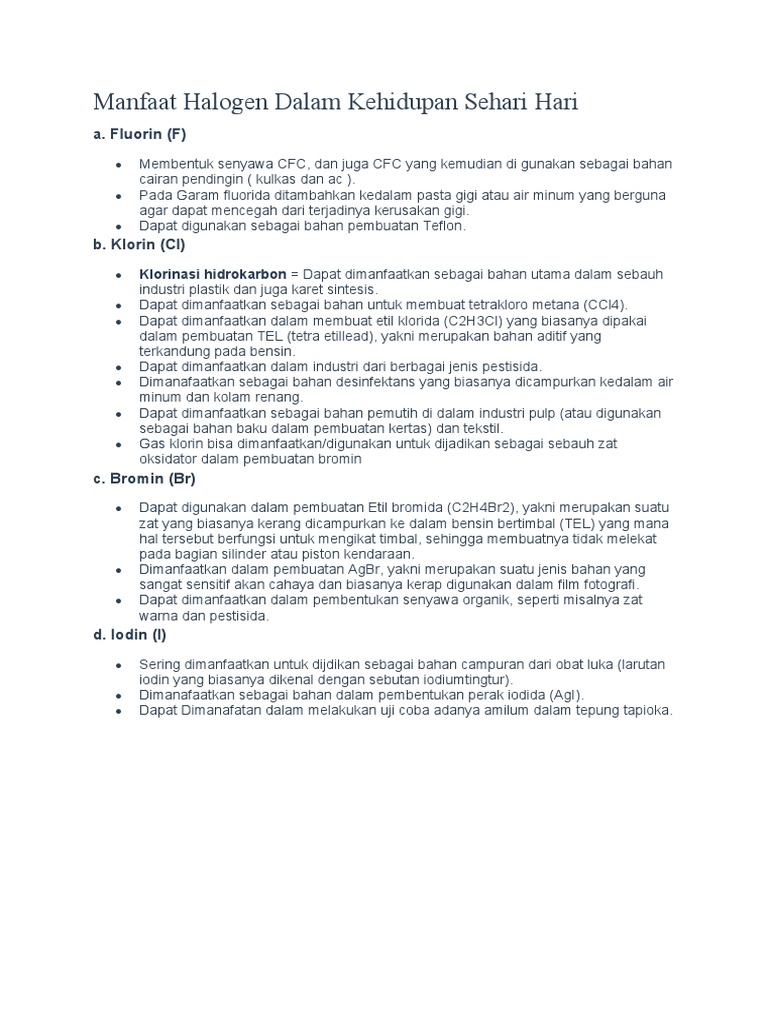 Manfaat Halogen Dalam Kehidupan Sehari Hari: A. Fluorin (F) | PDF ...