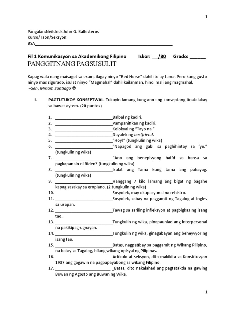 FIL 1 Mid Exam | PDF