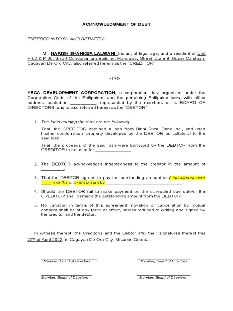 Acknowledgment of Debt Installment Agreement | PDF