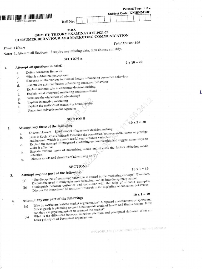 Mba 3 Sem Consumer Behaviour and Marketing Communication kmbnmk01 2022 | PDF | Public Sphere ...