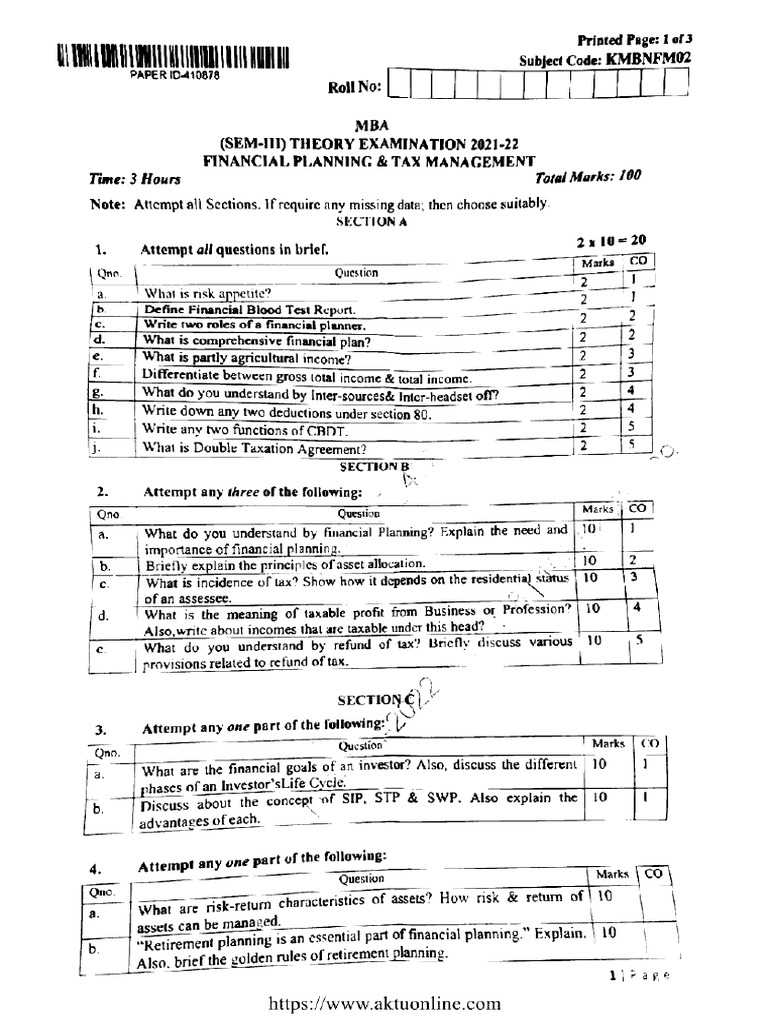 Mba 3 Sem Financial Planning and Tax Management Kmbnfm02 2022 | PDF