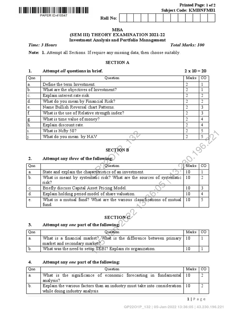 Mba 3 Sem Investment Analysis and Portfolio Management Kmbnfm01 2022 | PDF | Valuation (Finance ...