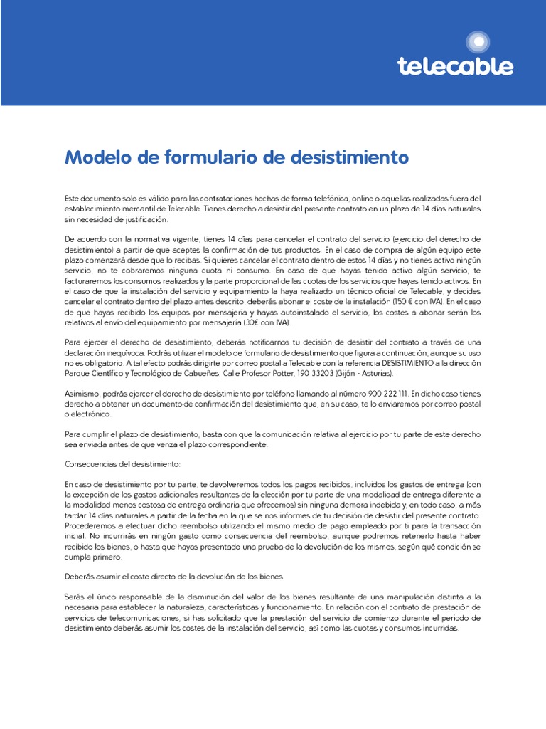 Formulario Desistimiento Telecable 052021 | PDF | Industrias de servicio