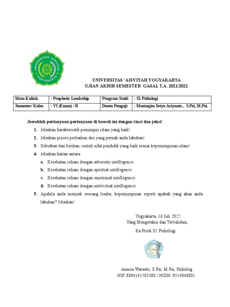 Soal Uas Prophetic Leadership Genap 2021 - 2022 | PDF