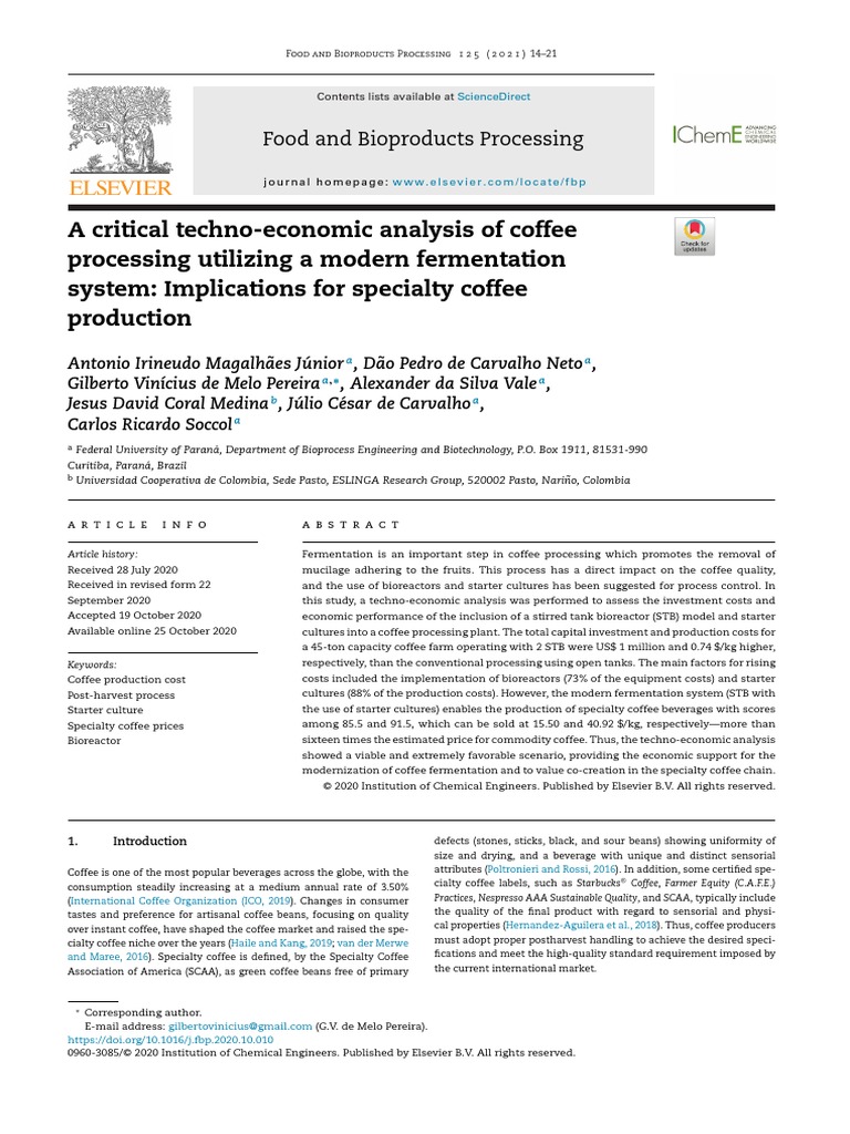 A Critical Techno-Economic Analysis of Coffee Processing Utilizing A Modern Fermentation System ...