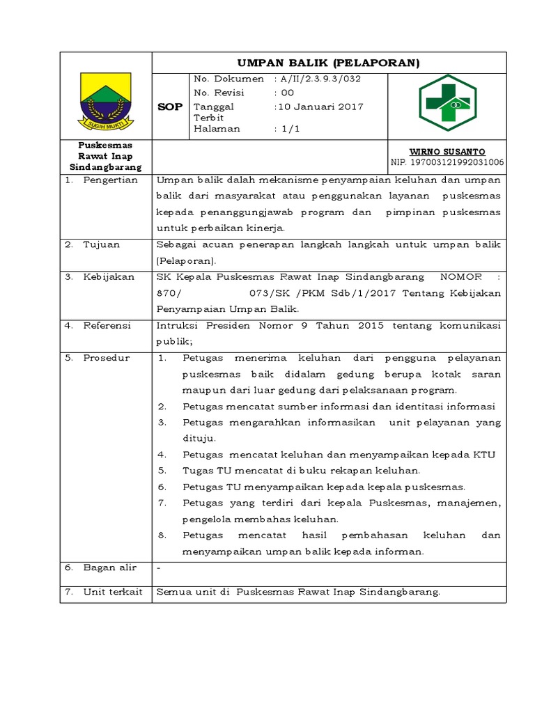 Sop - Umpan Balik (Pelaporan) 1 | PDF | Bisnis | Sains & Matematika