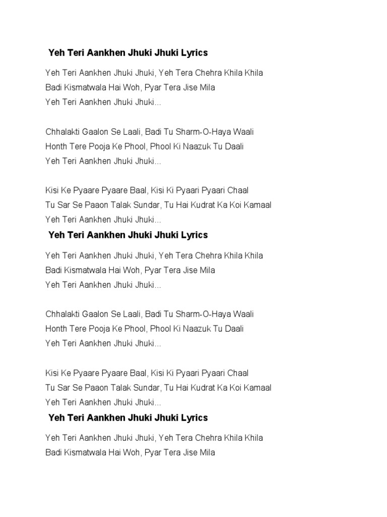 Yeh Teri Aankhen Jhuki Jhuki Lyrics | PDF | Poetry