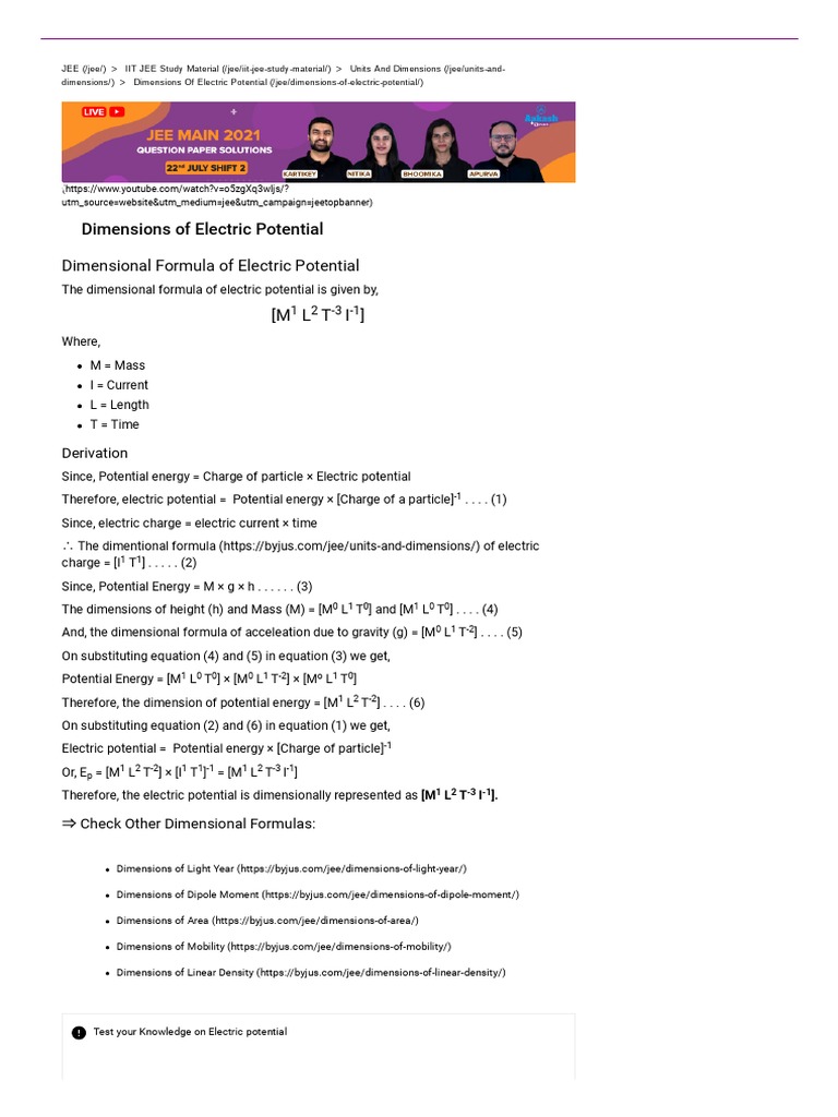 Dimensional Formula of Electric Potential and Its Derivation | PDF ...