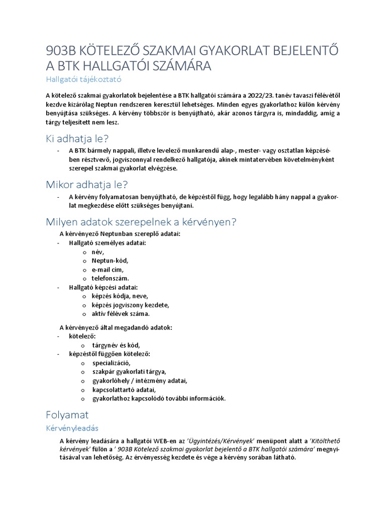 903B Kötelező Szakmai Gyakorlat Bejelentő Hallgatói Tájékozató 221222 | PDF