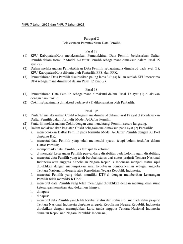 Pedoman Coklit PKPU 7 Tahun 2022 Dan PKPU 7 Tahun 2023 | PDF