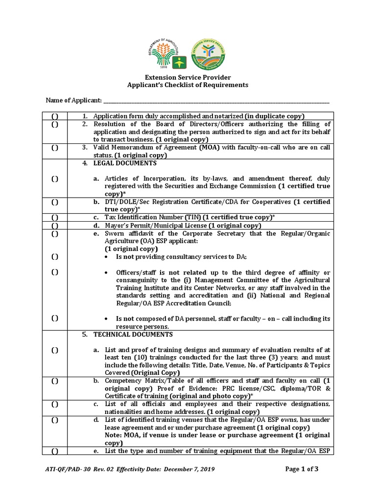 30 ESP Applicant - S Checklist of Requirements Rev. 02 Effectivity Date Dec. 7, 2019 | Download ...