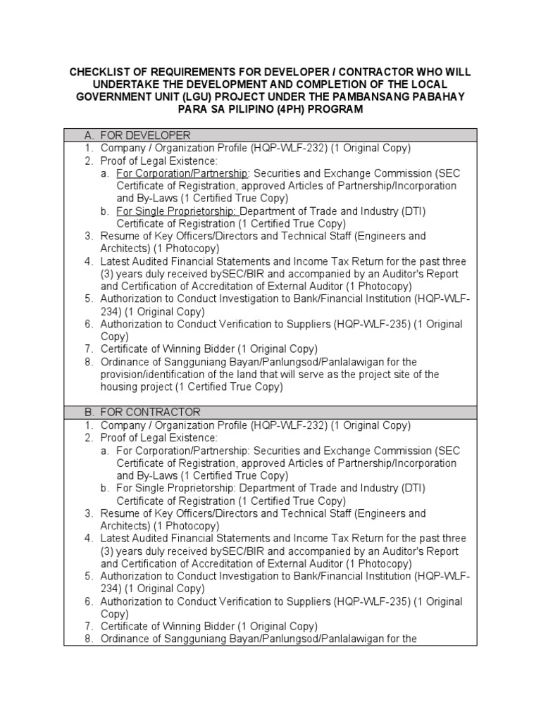 Requirements Checklist for Developers, Contractors, and Local ...