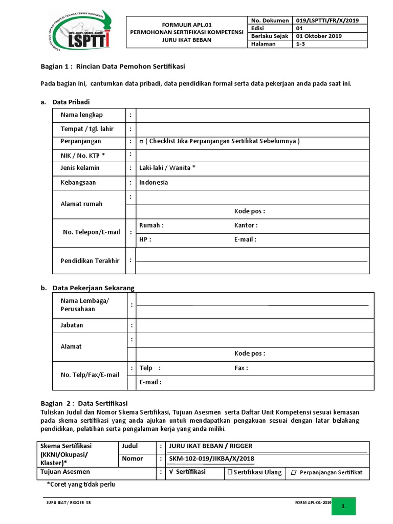 Form FR - Apl-01 Rigger | PDF