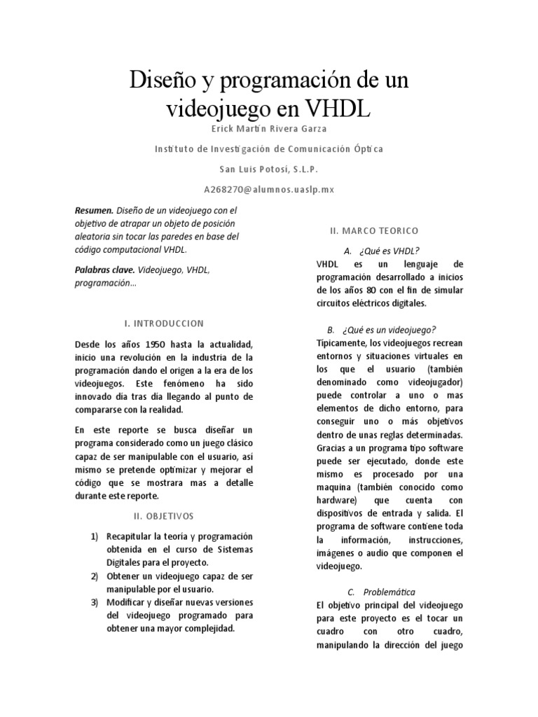 Diseño y Programación de Un Videojuego en VHDL | PDF | Videojuegos ...